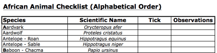 Download Your FREE African Safari Animal Checklist